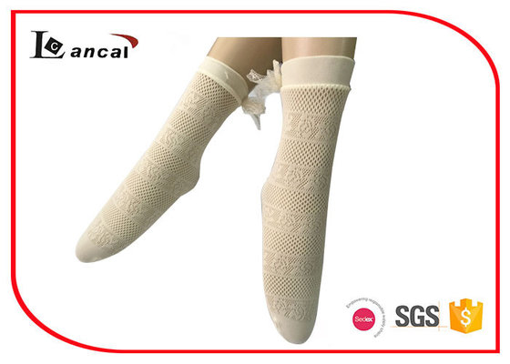 Lace Bowknot Ladies Silk Socks , Light Cream Womens Nylon Ankle Socks