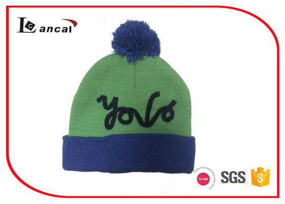 Green And Blue Cuffed Knit Beanie Sewing Knit Hat With Ball On Top