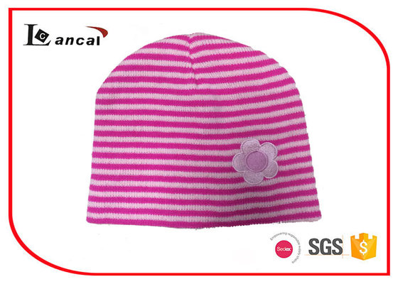 Girls Stripe Winter Knit Hats , Rose Red And Pink Womens Knit Hat With Flower