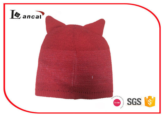 Kitty Shape Red Knit Hats With Two Little Ears And Rib Edge For Girls