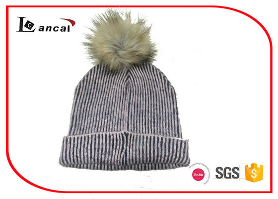 Two Color Ribbed Mohair Acrylic Womens Knitted Beanie Hats With Faux Fur Pom