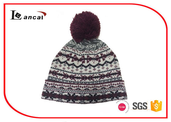 No Line Jacquard Cuffed Winter Knit Hats With Pom , Burgundy Beanie Hat