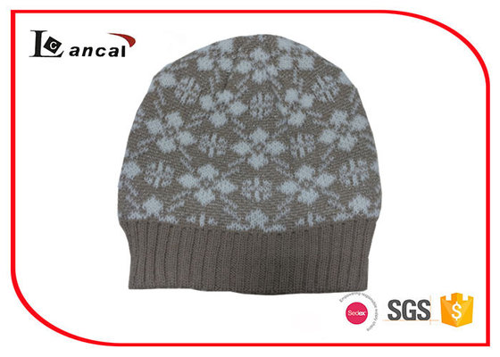 Ribbed Edge Winter Knit Hats Silver Lurex Snowflake Pattern , Knitted Beanie Hat