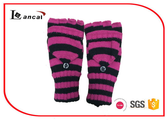 Rose Red And Black Stripe Womens Warm Winter Gloves With Long Ribbed Edge