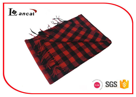 Red Checked Pattern / Tassels Hand Women Wrap Shawl 30cm X 178cm For Women
