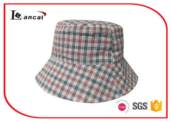 Seersucker printed bucket hats for women / dark blue and red stripe style hat