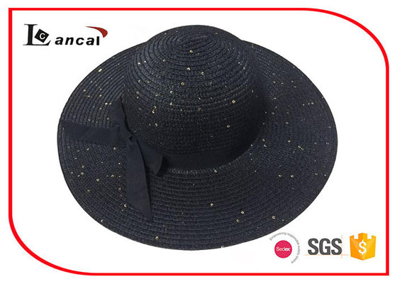Black wide brimmed straw hat for men , golden sequin decoration and bowknot band