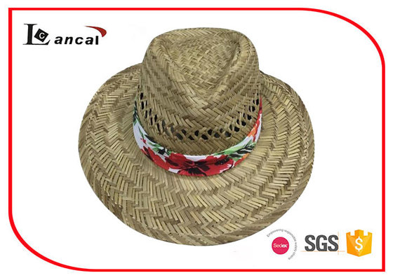 Floral print band 100% straw fedora hats for women , hollowed out style