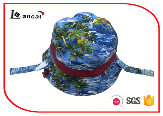 Tropical Printed Bucket Hat with red hatband and button as decoration