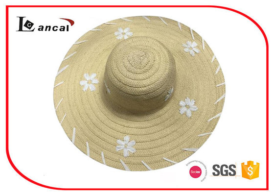 Customized embroidery wide brim sun hat , womens straw floppy hat