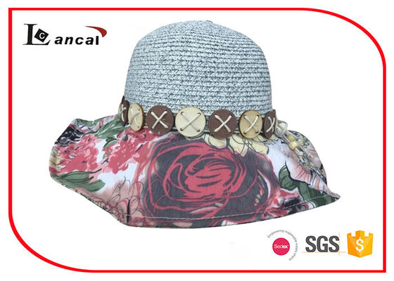Flower wavy wide brimmed straw hat with customized hatband and sweatband