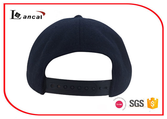 Navy Melton Fitted Baseball Hats With 3D Embroidery Logo / Plastic Snapback