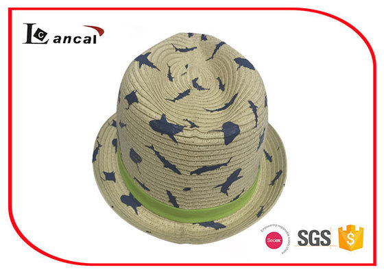Fish Printed Straw Trilby Wide Brimmed Straw Hat With Fluorescent Green Twill Band