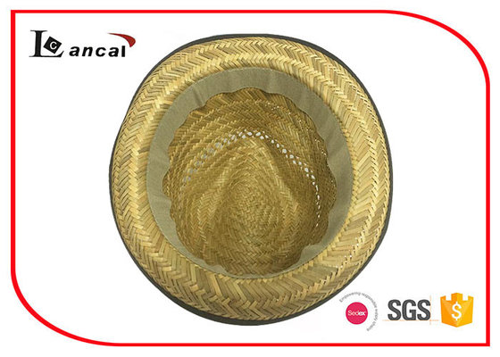 Natural Straw Trilby Mens Structural Wide Brim Hat With Aztec Hatband