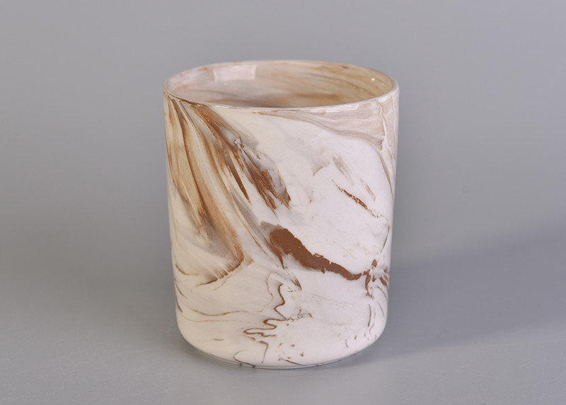 Long Streight Cylinder Candle Holder Ceramic Amber White Mixed Marble Effect