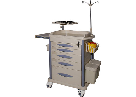 5 Drawers Plastic Medical Trolley Cart IV Pole Specially For Emergency Room
