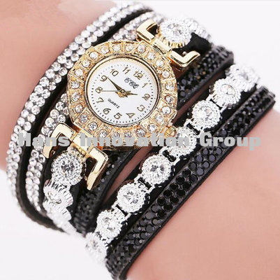 Ladies Fashion Long Strap PU Leather Belt Diamonds Wrist Band Watch supplier