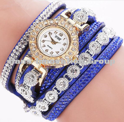 Ladies Fashion Long Strap PU Leather Belt Diamonds Wrist Band Watch supplier