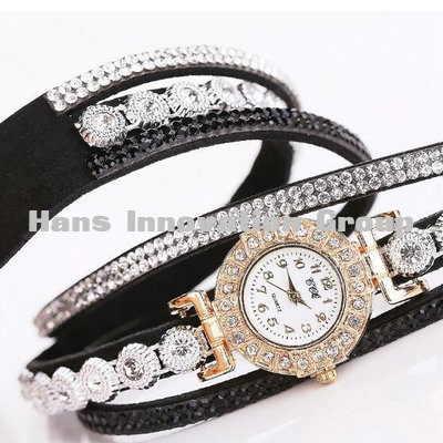 Ladies Fashion Long Strap PU Leather Belt Diamonds Wrist Band Watch supplier