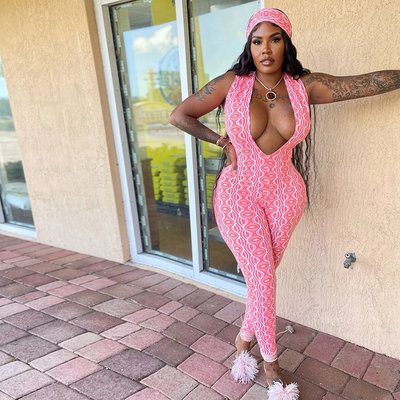 New Arrival Printing Sleeveless and deep V-neck bodysuit customized slim fit women summer yoga jumpsuit Training tracksuits