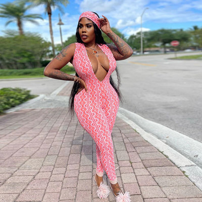 New Arrival Printing Sleeveless and deep V-neck bodysuit customized slim fit women summer yoga jumpsuit Training tracksuits