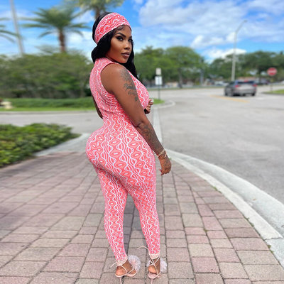 New Arrival Printing Sleeveless and deep V-neck bodysuit customized slim fit women summer yoga jumpsuit Training tracksuits