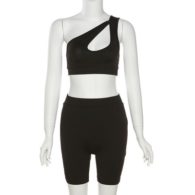 Summer New Arrival Sexy Women one shoulder Hollow out Yoga sets crop top and Casual shorts 2-Piece Training clothes gym wear