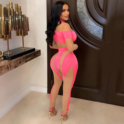 2022 new arrived Summer Sexy Mesh yarn splicing Perspective Jumpsuit Custom skinny nightclub wear Fitness & Yoga wear