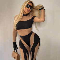 2022 new arrived Summer Sexy Mesh yarn splicing Perspective Jumpsuit Custom skinny nightclub wear Fitness & Yoga wear