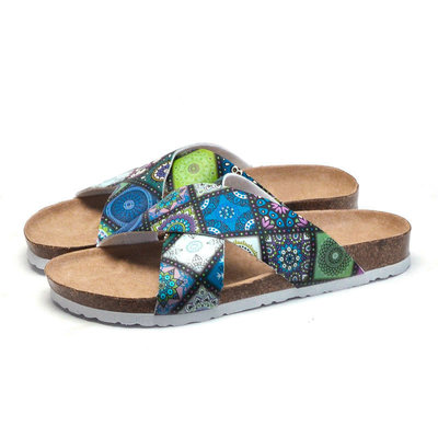 Retro Style Double Straps fashion Patterns Lady PU Shoes Cork Sole ladies beach Sandals Customized house Slippers For Women