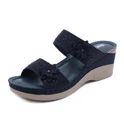 New 2022 sandals flower large size rhinestone shoes women retro style wedge heel comfortable soft slippers