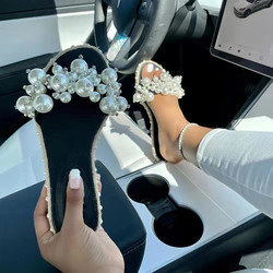 2022 Summer Fashion Open Toe Women's Sandals Plus Size Flat Slippers Pearl Slides non-slip shoes for ladies