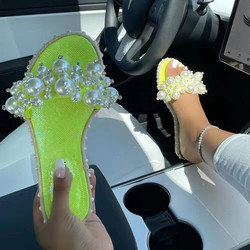 2022 Summer Fashion Open Toe Women's Sandals Plus Size Flat Slippers Pearl Slides non-slip shoes for ladies