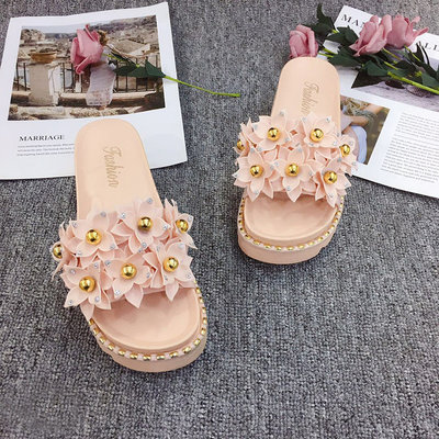 Fashion Ladies flowers Sequins women sandals beaded girls thick bottom slides slippers in new trend wholesale