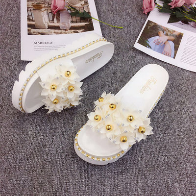 Fashion Ladies flowers Sequins women sandals beaded girls thick bottom slides slippers in new trend wholesale