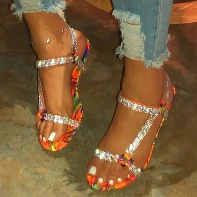 Wholesale 2022 New summer rhinestone flat sandals lady casual shoes fashion soft and light non-slip slippers for women
