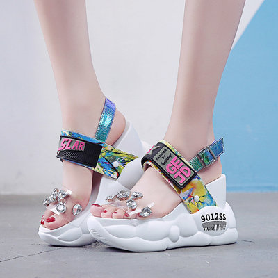 High quality Color Rhinestone super thick bottom casual shoes women non-slip wedges sandals fashion outdoor slippers