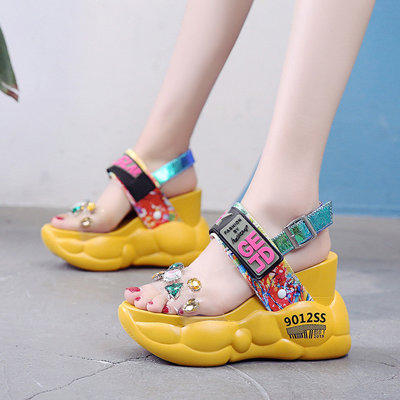 High quality Color Rhinestone super thick bottom casual shoes women non-slip wedges sandals fashion outdoor slippers