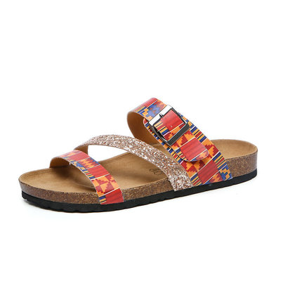 Women's Comfort Slides Adjustable Buckle PU Flat Sandals Cork Arch Support shoes bed Slides Sandals in stock