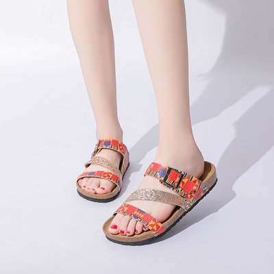 Women's Comfort Slides Adjustable Buckle PU Flat Sandals Cork Arch Support shoes bed Slides Sandals in stock