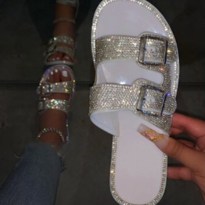 Best price new design rhinestone beach casual shoes with buckles flat non-slip slippers footwear summer sandals women