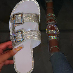 Best price new design rhinestone beach casual shoes with buckles flat non-slip slippers footwear summer sandals women