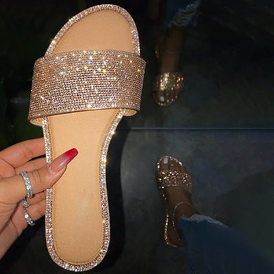 2022 New Arrival Summer Sandals women Rhinestone Flat Slide outdoor Casual solid color slippers Ladies wholesale