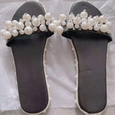 New fashion style pearl flat sandals large size slide slippers hot sale solid color outdoor non-slip shoes for women