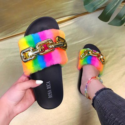 Women new Casual Fashion outdoor sandals Rainbow Plush Chain upper Flat non-slip Slippers For Ladies 2022
