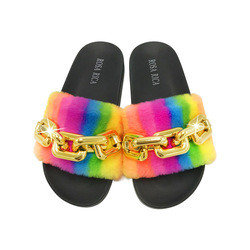 Women new Casual Fashion outdoor sandals Rainbow Plush Chain upper Flat non-slip Slippers For Ladies 2022