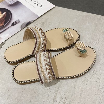 Best price pearl rhinestone vamp non-slip Sandals women summer new pineapple clip-toe outdoor flat beach shoes