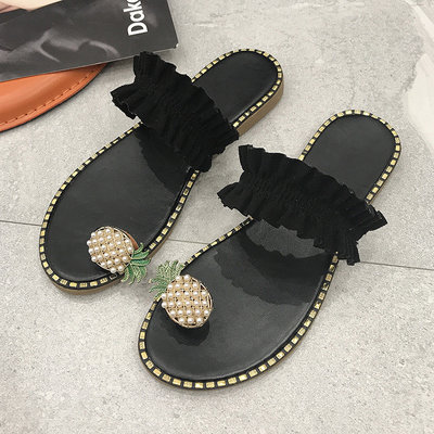 Wholesale Large size lace upper sandals women 2022 new fashion pineapple decoration Flat flip flops summer beach shoes
