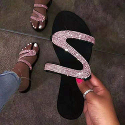 Hot Selling fashion rhinestone Sandals Women New Design z-shaped summer flat casual solid color slippers