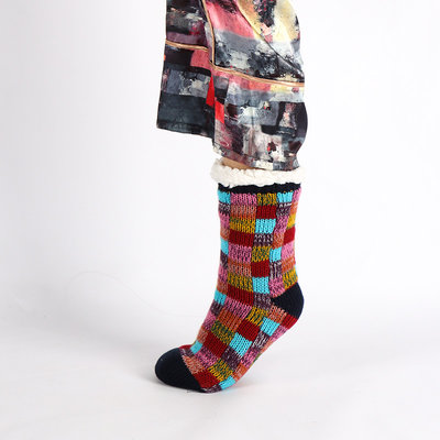 2021 wholesale women's winter grid pattern knitted thick warm medium length socks with fluffy fur ladies Plaid stocking